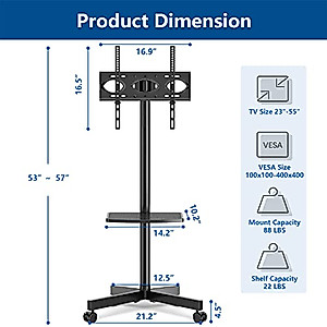 Mobile TV Cart for 23-60 Inch LCD LED Flat Panel Curved Screen TVs up to 88 lbs, Height Adjustable Shelf Rolling Floor Stand with Wheels as a Movable Portable TV Stand, Max VESA 400x400mm