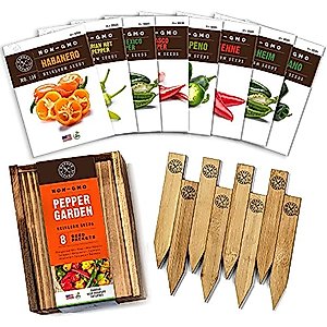 Pepper Seeds for Garden Planting - 8 Non-GMO Heirloom Pepper Seed Packets, Wood Gift Box & Plant Markers, DIY Home Gardening Gifts for Plant Lovers