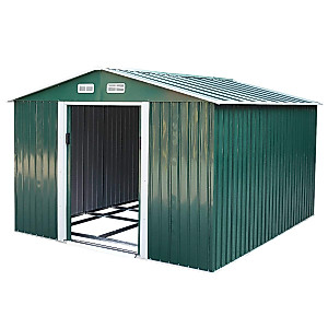 9.1' x 10.5' Large Outdoor Backyard Garden Storage Sturdy Shed Utility Tool Organizer w/Gable Roof, Double Lockable Sliding Door, 4 Vents, Stable Base - Green