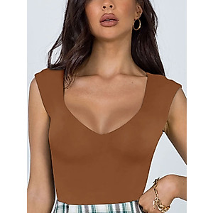 REORIA Women's Summer Sexy Casual V Neck Double Lined Seamless Sleeveless Slimming One Piece Leotards Going Out Trendy Tank Top Tees Thong Bodysuits Brown Medium