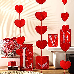 Queekay 12 Pcs Red Wooden Love Blocks Valentines Day Table Decoration Love Signs Set with Heart Banner Felt Red Heart Shape Hanging String Garland Party Decor for Wedding Anniversary Home Supplies