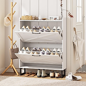 Maupvit Shoe Cabinet with 2 Flip Drawers, Freestanding Shoe Cabinet Organizer with Metal Legs, Shoes Storage Cabinet for Entryway, Narrow Shoe Rack Cabinet, White