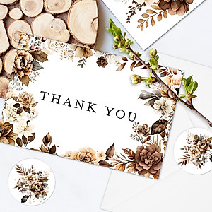 AnyDesign 36 Pack Fall Thank You Cards Bulk Vintage Brown Floral Greeting Cards with Envelopes Stickers Retro Flower Leaves Blank Note Cards for Fall Wedding Baby Shower Birthday, 6 Design
