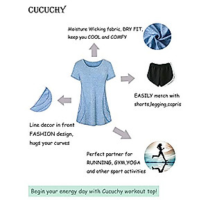 Cucuchy Yoga Outfit Women, Workout Clothing Petite Fitness Gym Top Basic Short Sleeve Round Neck Shirt Breathable Lightweight Tops Comfortable Quick Dry Clothes Training Jersey Shirts Blue M
