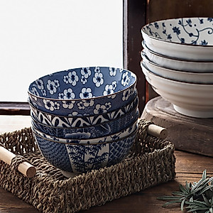 Gegong 5 Pack Ceramic Bowls, Japanese Style Rice Bowls, 24 Ounces Thickening Blue and white porcelain bowls, Cereal Bowls for Kitchen, Suitable for microwave, ovens, dishwashers (mixing)