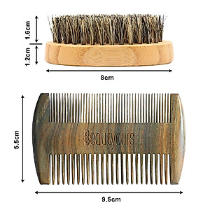 Beard Brush Kit Boar Bristle Brush and Sandalwood Comb with Storage Bag for Men, Fine & Coarse Teeth Dual Brush for Mustache Anti-Static