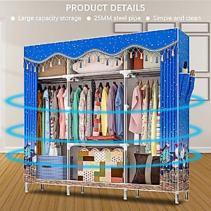 ZZBIQS Extra Large Clothes Wardrobe Storage Closet, Portable Garment Organizer Shelves Rack, Flannel Fabric Cover Standing Closet with Hang Rod and 2 Side Pockets(Blue)