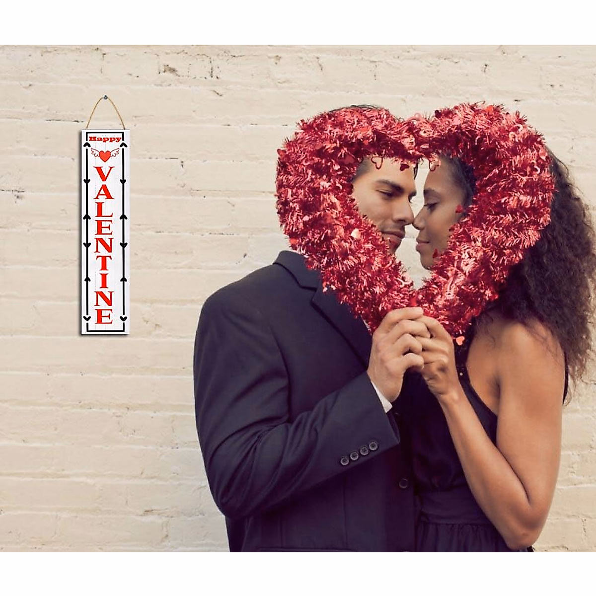 KPSheng Happy Valentine Day Sign for Front Door, 8x64 Inch Vertical Valentine's Day Wooden Welcome Sign for Front Porch, Modern Farmhouse Front Porch Decor