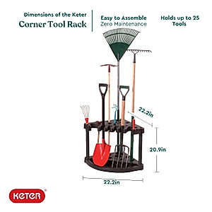 Keter Compact Corner Tool Rack for Maximum Storage and Organization - Easy to Assemble and Organize 25 Long-Handled Garden Tools, Rakes, Brooms, Shovels and Accessories
