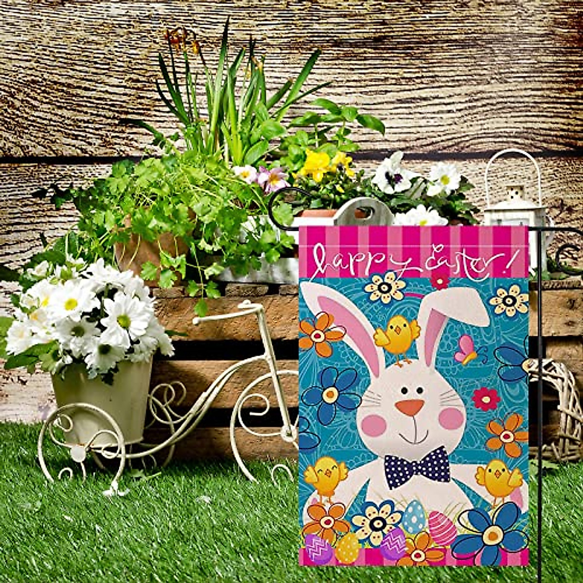 Happy Easter Garden Flag, Double Sided 12” x 18” Linen Tulip and Bunny Yard Flag for Spring Outside Yard Outdoor Farmhouse Easter Decorations (Blue)