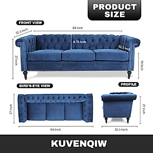 KUVENQIW Modern Chesterfield Sofa Fabric Couch.Button Tufted Nailhead upholstered Three-Seater Sofa for Living Room, Bedroom, Office Lounge.Comfortable and Durable.(Blue)