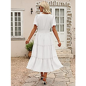 LILLUSORY Womens Modest Graduation Smocked V Neck Flowy Tiered A Line Midi Dresses 2023 Summer Short Flutter Sleeves Empire Waist Derby Long Maxi Dress White