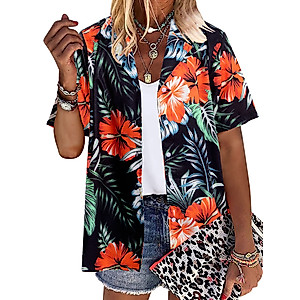 FAYALEQ Womens Summer Hawaiian Shirts Soft Cool Floral Tropical Print T-Shirt Button Down V Neck Short Sleeve Tee Tops Black