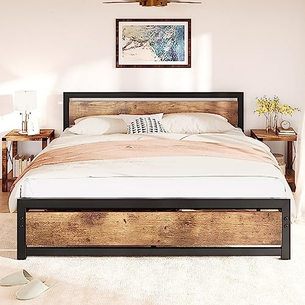 IDEALHOUSE Queen Size Bed Frame with Wooden Headboard and Footboard, Metal Queen Bed Platform No Box Spring Needed, 14 inch Easy to Assemble Noise Free Queen Bed Frame, Rustic Brown