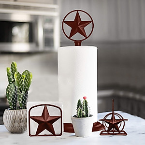 Brown Rustic Texas Star Paper Towel Holder, Napkin Holder, Salt and Pepper Shakers Holder, Country Farmhouse Iron Kitchen Counter Accessory Set Holders (Paper Towel Holder)