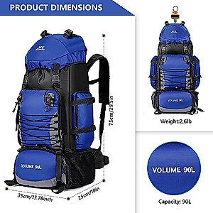 Unineovo 90L Hiking Backpack for Women Men, Waterproof Camping Essentials Bag with Rain Cover, 90 Liter Lightweight Backpacking Back Pack -No Frame (Light Blue)