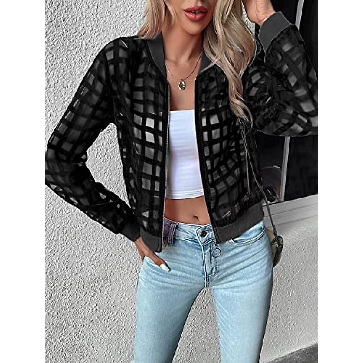 Floerns Women's Hollow Out Long Sleeve Baseball Collar Zip Up Bomber Jacket Black Plaid L