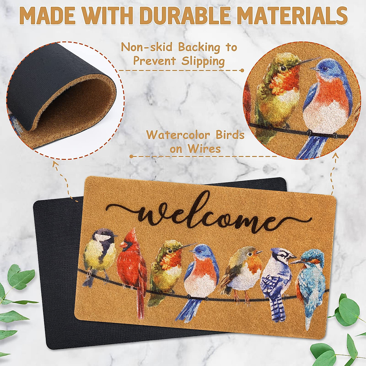 Birds On Wires Welcome Doormat, Durable Bird Welcome Rug Indoor Outdoor Hummingbird Cardinal Robin Non-Slip Rug for Entryway, Porch, Patio, Garage - 17 x 30 Inch