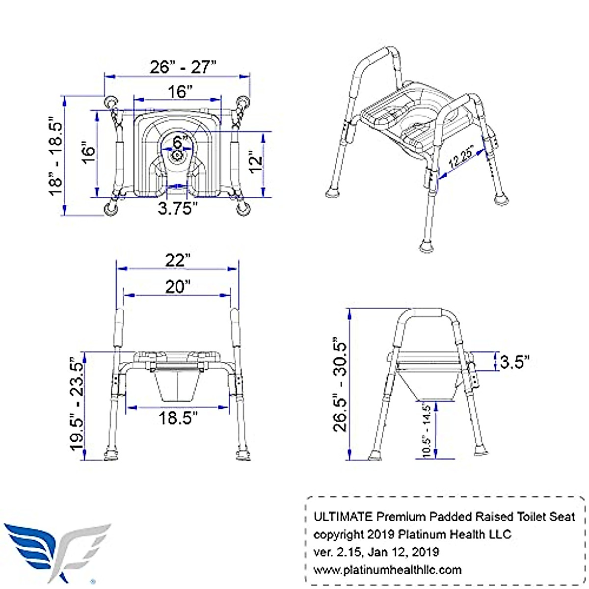 Ultimate Raised Toilet Seat with Handles, Padded, Armrests, Adjustable Height, Premium Elevated Toilet Seat for Elderly Bathroom Safety with Arms, Standard and Elongated Toilets, Blue