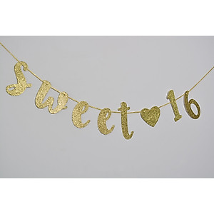 Sweet 16 Birthday Banner Glitter Sixteen Decoration 16th Birthday Pre-Strung Party Decor Supplies Cursive Bunting Photo Booth Props Sign Gold