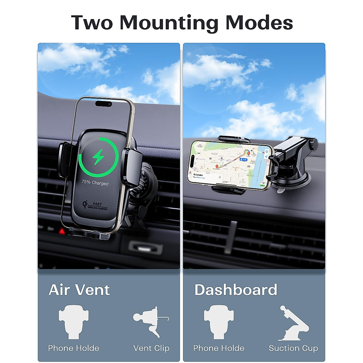 KPON Car Phone Holder Wireless Charger, Auto Clamping Wireless Car Charger Mount 15W/10W/7.5W for Dashboard, Automatic Air Vent Windshield Mount for iPhone 15 14 13 12 11/Samsung/LG/Google Pixel