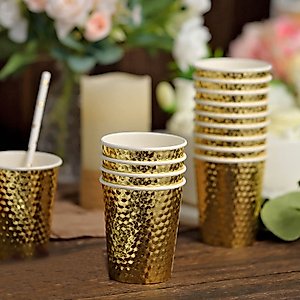 Tableclothsfactory 24 Pack | 9oz Gold Foil Honeycomb Paper Cups, Disposable Tableware