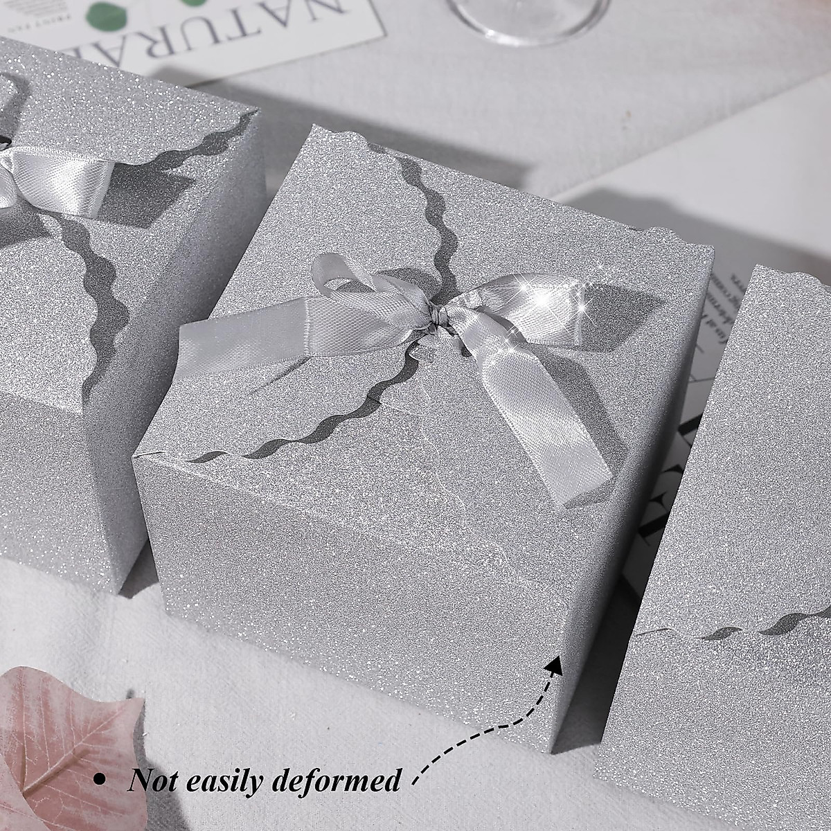 HONEYGIFTS Sliver Gift Boxes, Paper Treat Boxes Glitter Candy Box with Ribbon for Wedding Cookie Chocolates Small Gifts