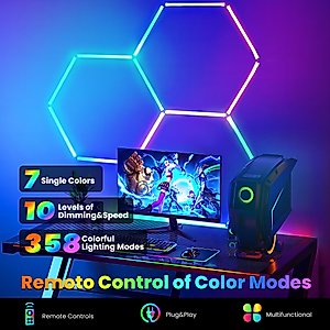 ALL4DETAIL RGB LED Hexagon Lights, Remote Dimmable Hexagon Garage Light with 358 Color Modes, LED Ceiling Light Hexagon for Gaming Room, Party, Gym, Bar