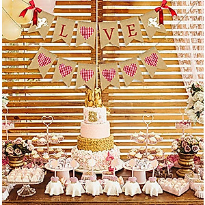 JOZON Love Burlap Banner and Pink Plaid Heart Burlap Banner Valentine's Day Bunting Banner Garland with Cupid Signs and Bows Valentines Day Party Decorations for Wedding Anniversary Mother‘s Day