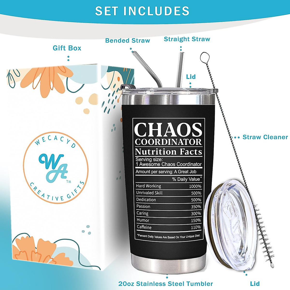 WECACYD Boss Gifts for Men, Chaos Coordinator Tumbler - Chaos Coordinator Gifts, Thank You Gifts for Women, Birthday Gifts for Dad, Boss, Coworker, Manager, Teacher, Friends - 20 oz Tumbler Black