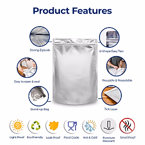 MAGOR 100 pcs Mylar Bags for Food Storage with Oxygen Absorbers +Labels ,1 Gallon 10x15(25pcs),1Quart 7x10(35pcs),small 4x6(40pcs) Stand Up Zipper Resealable Bags heat sealable for long term storage