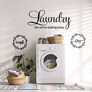 Laundry Room Vinyl Wall Decal Wash Dry Vinyl Laundry Stickers Laundry The Never Ending Story Decal Washer Stickers Quote Wall Art Stickers for Home Apartment Washing Machine (Black Printing)