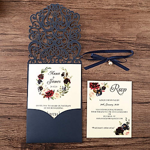 DreamBuilt 5X7.2 Inch 50PCS Blank Laser Cut Navy Blue Wedding Invitations With Rsvp Cards And Envelopes And Ribbon Belly Band Pearl Embellishments Wedding Invitation Cards For Wedding Invite
