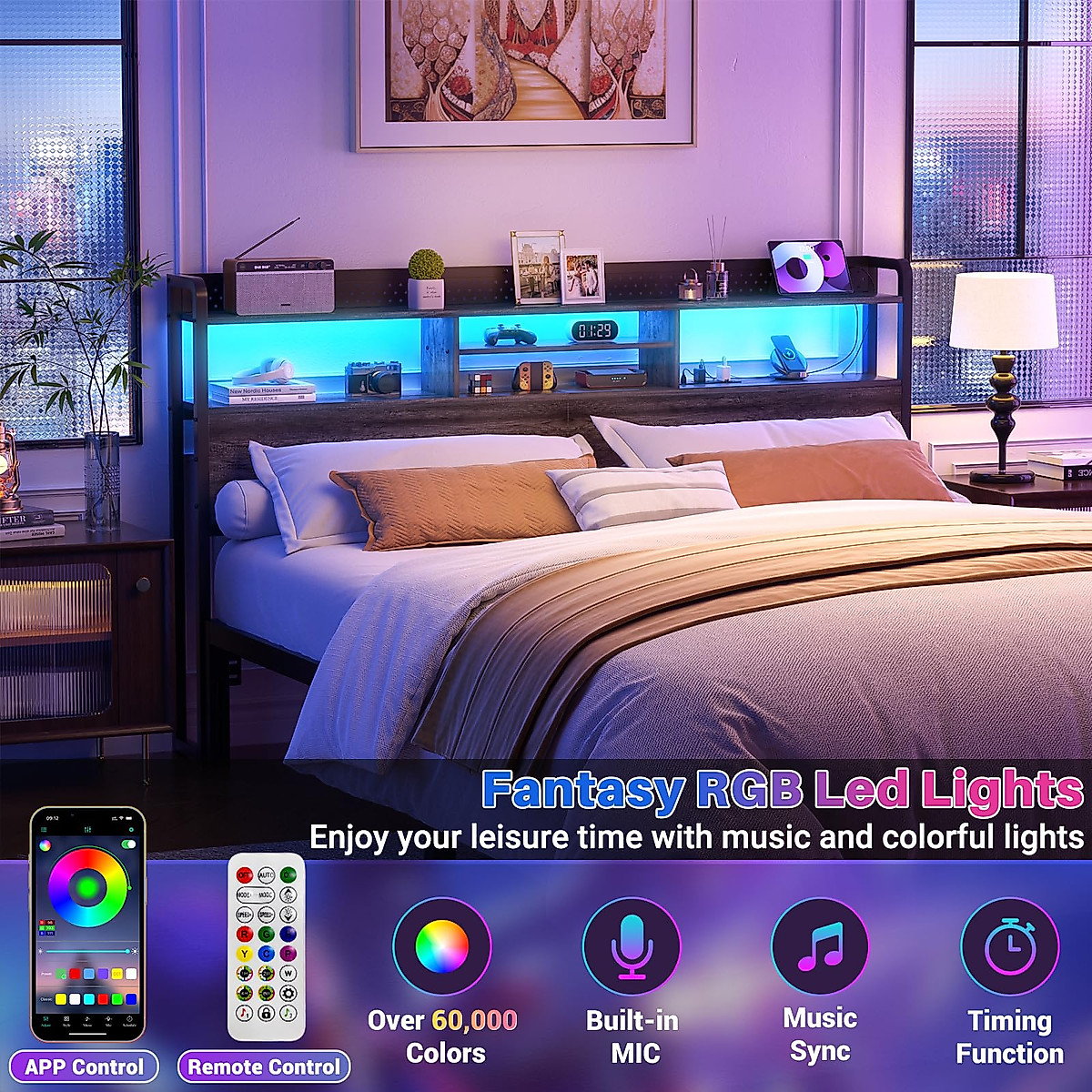 Unikito Headboard for King Size Bed with Storage Shelf, Head Board with 3 Outlets and 2 USB Ports, Headboards with RGB LED Light, Height Adjustable, Sturdy and Stable, Easy Assembly, Black Oak