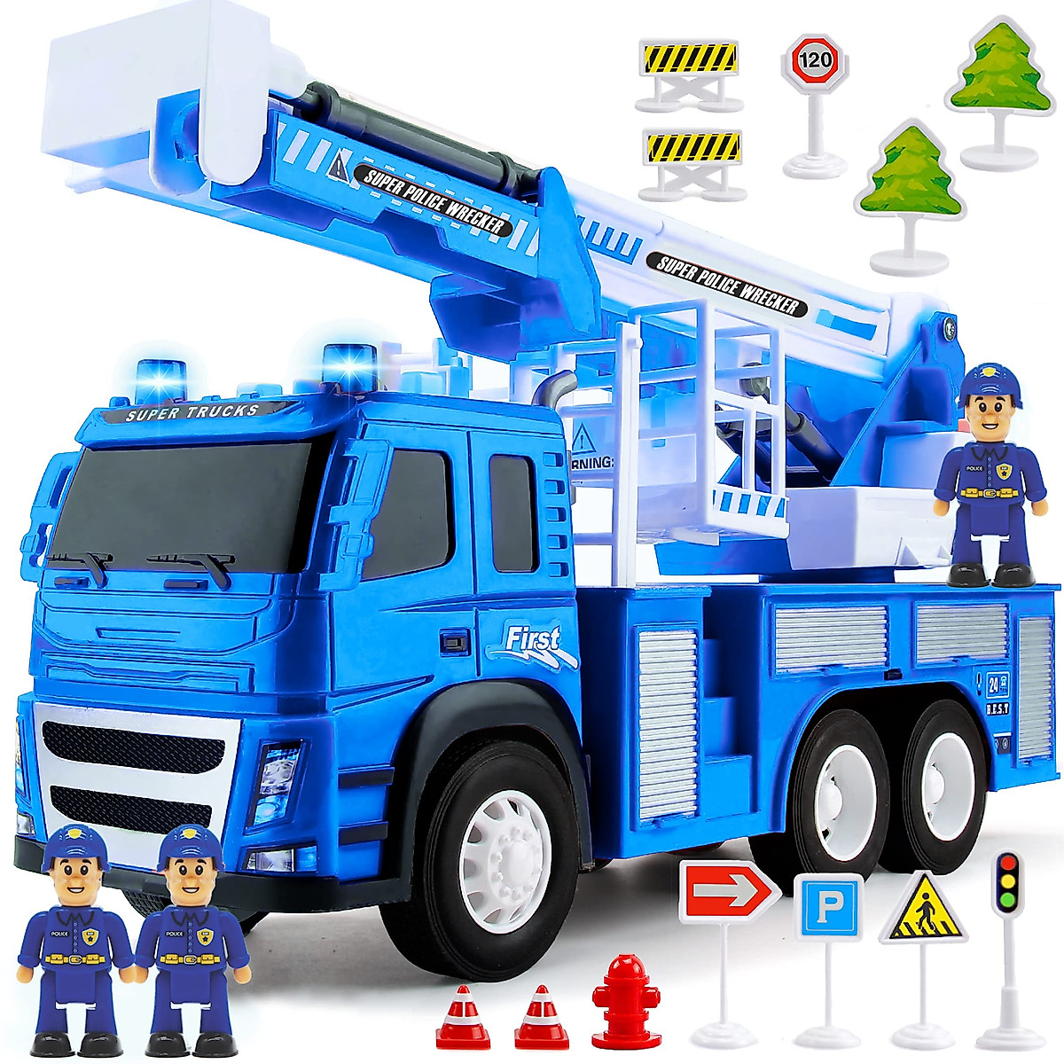 Police Fire Truck Toy - 1:12 Scale Push and Go Realistic Vehicle Playset, 3 Law Enforcement Fire Trucks Action Figure, Extendable Ladder, Accessories w/Lights Sounds for Kids 3 4 5 6 7 8 Year Old