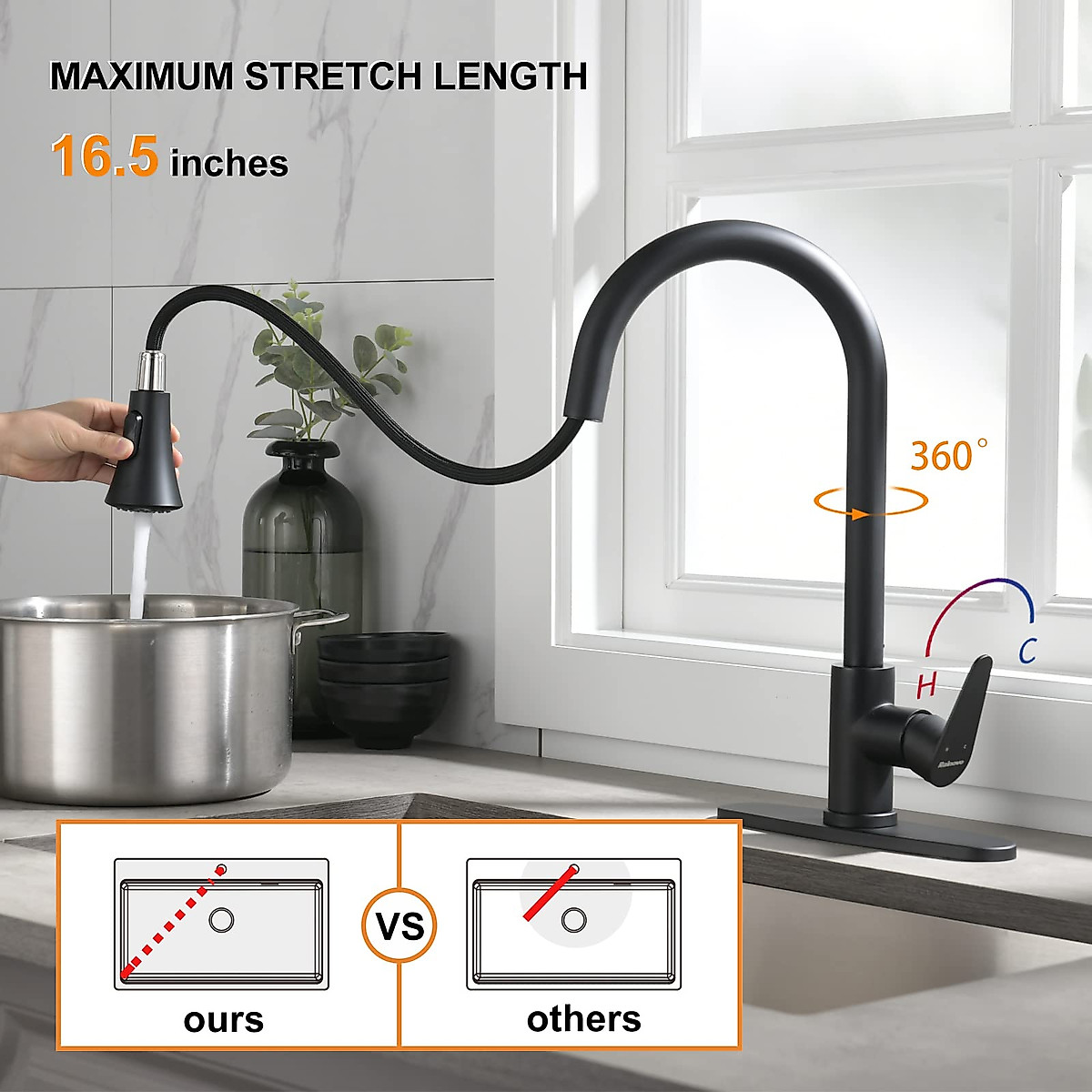 Rainovo Kitchen Faucet with Pull Down Sprayer Matte Black, 3 Hole Kitchen Sink Faucet Stainless Steel Single Handle, High Arc Faucets with Deck Plate Commercial Modern with Pull Out Sprayer