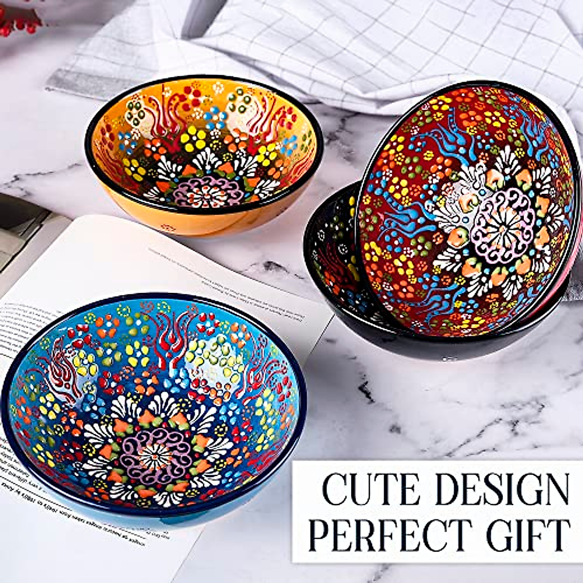 Crystalia Decorative Turkish Ceramic Serving Bowl Set of 6, Handmade Multicolor Dipping Charcuterie Bowls (Large-4PCs)