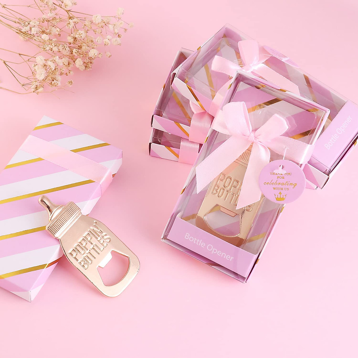 24 Pcs Poppin Bottle Openers for Baby Shower Favors,Gifts and Decorations，Bottle Opener for Girl Baby Shower Souvenirs for Guest/Pink Girl Baby Shower Decor Supplies (Baby Pink, 24)