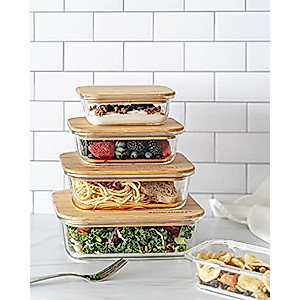 Bambooware Glass Containers with Lids | Non Plastic Glassware Set - Natural Raw Organic Wooden Bamboo Lids | Set of 4 | Reusable, BPA Free | Perfect for Meal Prep, Lunch, Leftovers, Kitchen