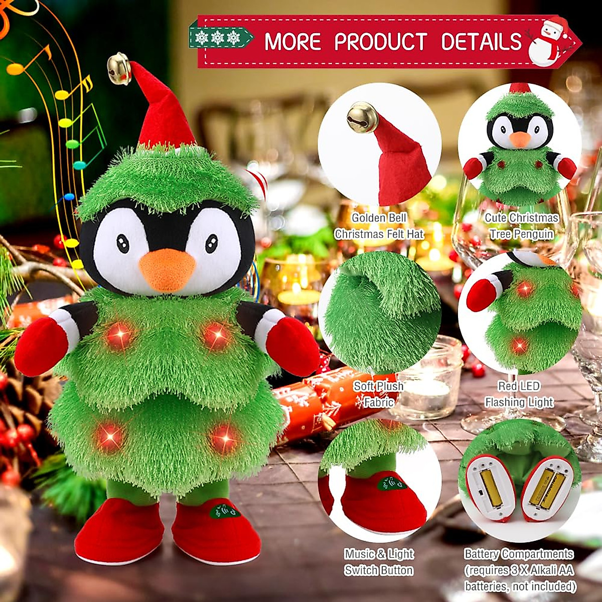 ACETOP LED Musical Christmas Tree Penguin Stuffed Animal Repeats What You Say Light up Soft Plush Toy Singing Dancing Talking Record Mimicking Twisting Interactive Animated Dolls Decoration Xmas Gifts