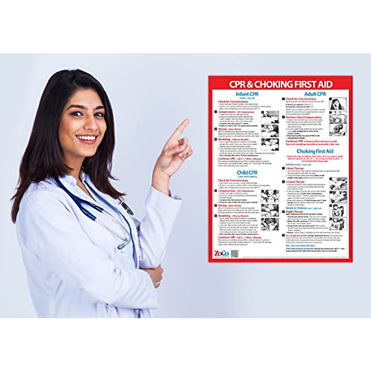 CPR Poster - Heimlich Maneuver Restaurant Sign - Laminated, 17 x 22 inches - Infant, Child, Adult CPR and Choking First Aid Poster - School Nurse Office Decor