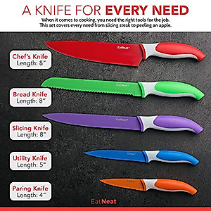 EatNeat 12-Piece Colorful Kitchen Knife Set - 5 Colored Stainless Steel Knives with Sheaths, Cutting Board, and a Sharpener - Razor Sharp Cutting Tools that are Kitchen Essentials for New Home