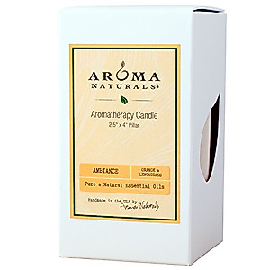 Aroma Naturals Essential Oil Orange and Lemongrass Scented Pillar Candle, Ambiance, 2.5 inch x 4 inch, Yellow