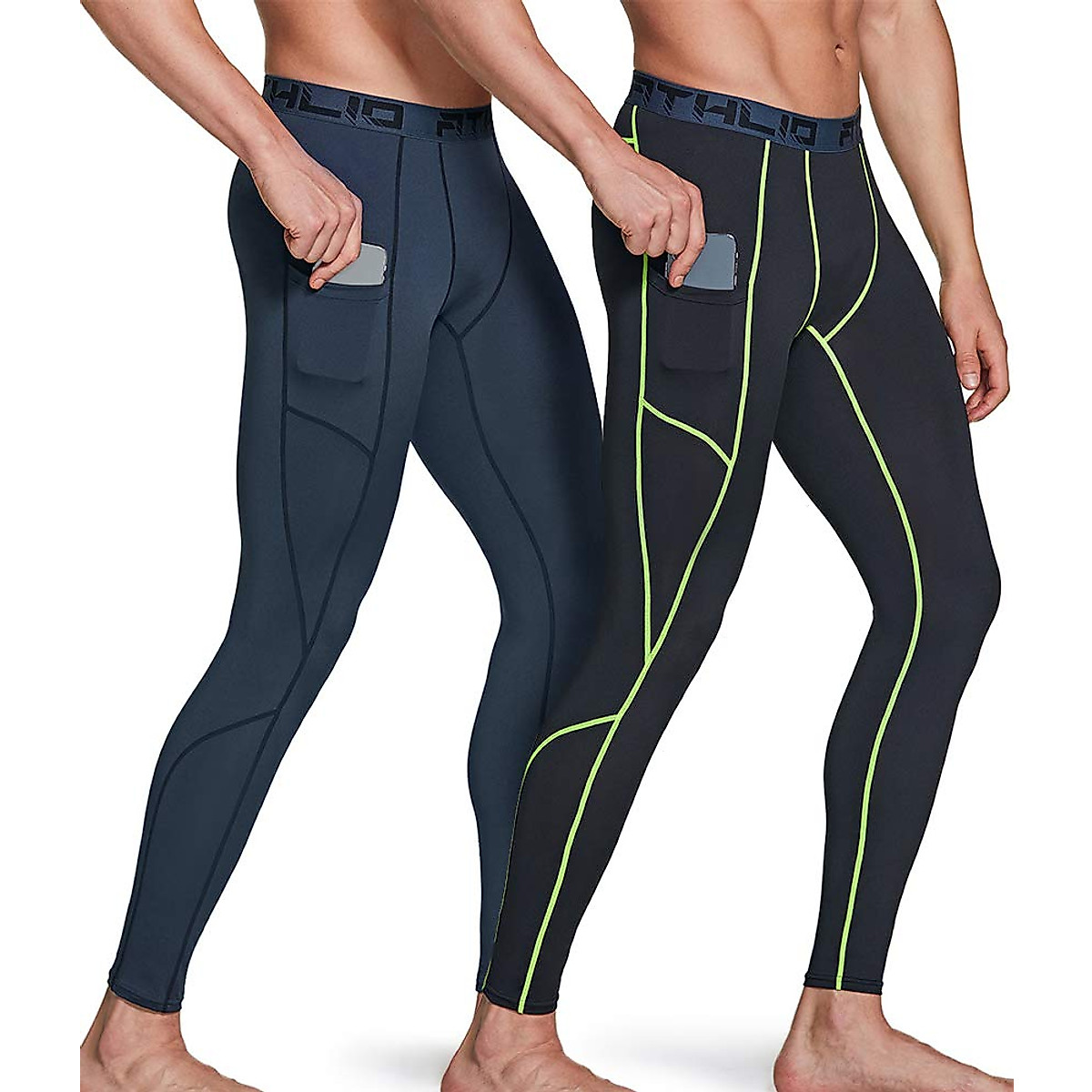 ATHLIO Men's Compression Pants Running Tights Workout Leggings, Cool Dry Technical Sports Baselayer, Pocket 2pack Leggings Black & Neon/Charcoal, Medium