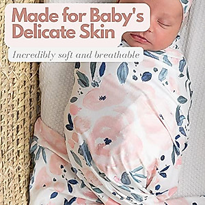 Vollmic Newborn Baby Girl Receiving Blanket Swaddle Blanket Stretchy Knit Swaddle Set with Matching Headband (Ink Pink)