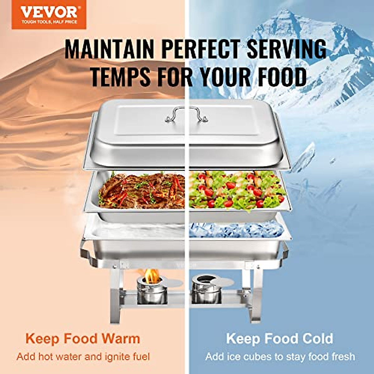 Mophorn Chafing Dish Buffet Set, 8 Qt 2 Pack, Stainless Chafer w/ 2 Full & 4 Half Size Pans, Rectangle Catering Warmer Server w/Lid Water Pan Folding Stand Fuel Tray Holder Clip