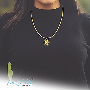 TrueFaithJewelry 18KT Gold-Plated Sterling Silver Our Lady Of Grace Miraculous Medal Pendant Necklace with Black Enamel Border Religious Jewelry, 7/8 Inch