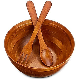 Wooden Salad Bowl Serving Set - Handcrafted Hardwood Bowl and Salad Fork / Spoon Serving Utensils - 11.5" Diameter x 6" Multipurpose for Prepping and Serving Salads, Use with Hot or Cold Food – 144 oz