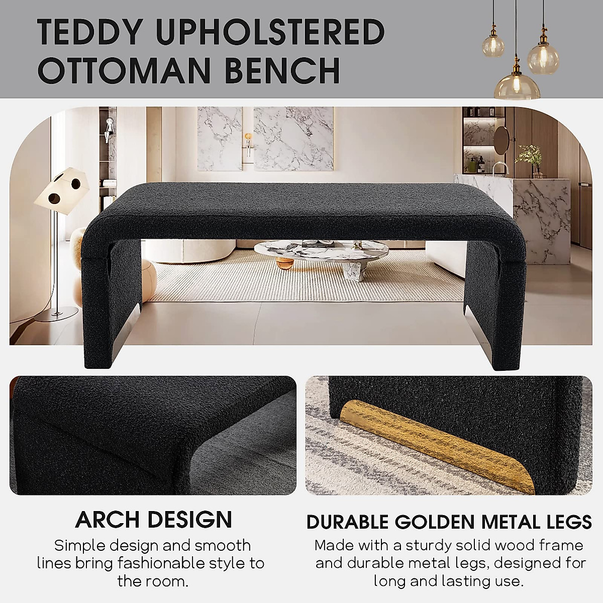 NIOIIKIT 43.3'' Ottoman Bench with Boucle Fabric, Faux Fur End of Bed Bench with Golden Metal Legs, Upholstered Entryway Bench for Living Room, Bedroom, Entryway (Black)