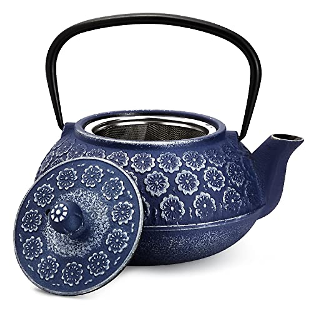 Blue Cast Iron Chinese Teapot with Infuser for Loose Leaf Tea, Includes Handle and Removable Lid (34oz)